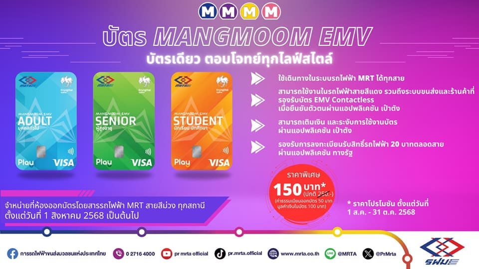 เปิดตัวบัตร Mangmoom EMV บัตร MRT ใหม่ใช้ได้ทั้ง 4 สาย รองรับรถไฟฟ้า 20 บาทตลอดสาย - iT24Hrs